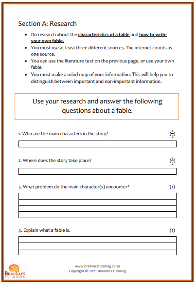 English FAL - Literature project - Grade 4 - Brainiacs Tutoring Centre