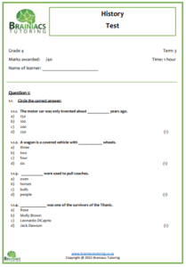 History test - Gr.4 - Term 3 - Brainiacs Tutoring Centre