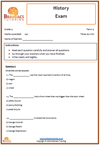 History exam - Gr.4 - Term 4 - Brainiacs Tutoring Centre