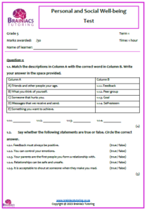 PSW (Life Skills) Test - Gr.5 - Term 1 - Brainiacs Tutoring Centre